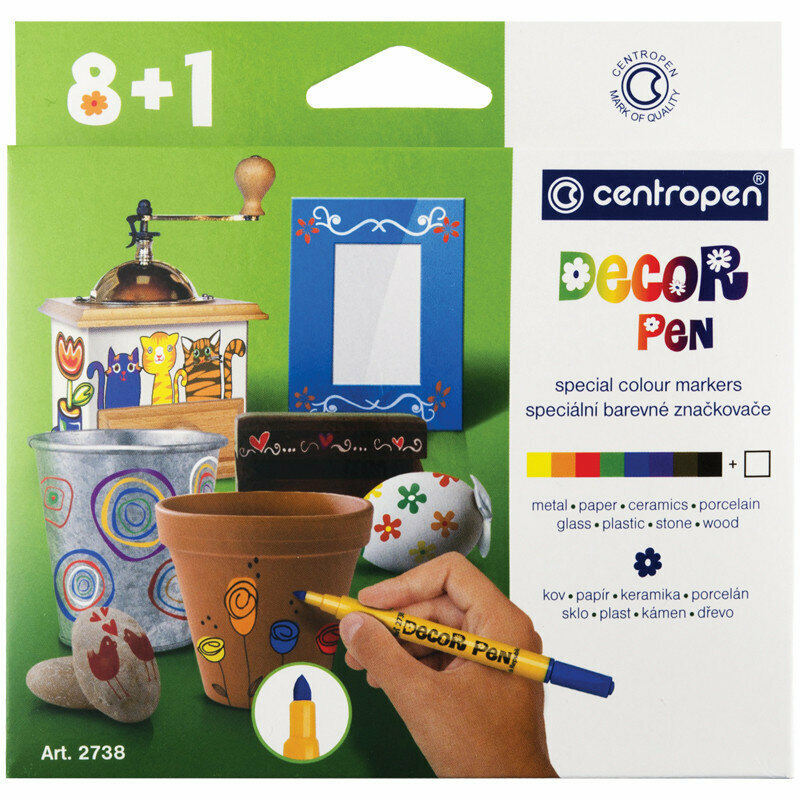 Набор маркеров для декорирования Centropen "Decor Pen 2738" 08цв.+1, пулевид, 1,5мм, картон. упаковка, европодвес, 262148