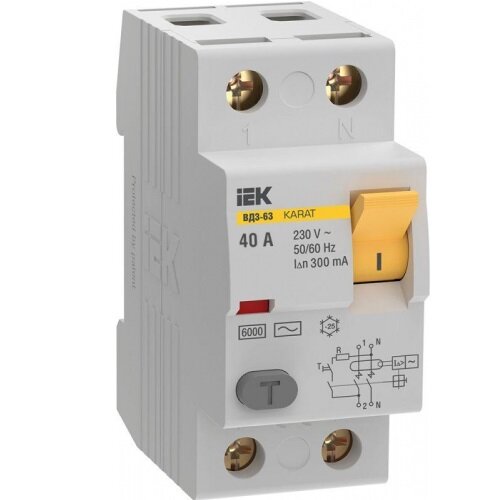 УЗО KARAT ВД3-63 2Р 40А 300мА 6кА тип АС, IEK MDV20-2-040-300 (1 шт.)