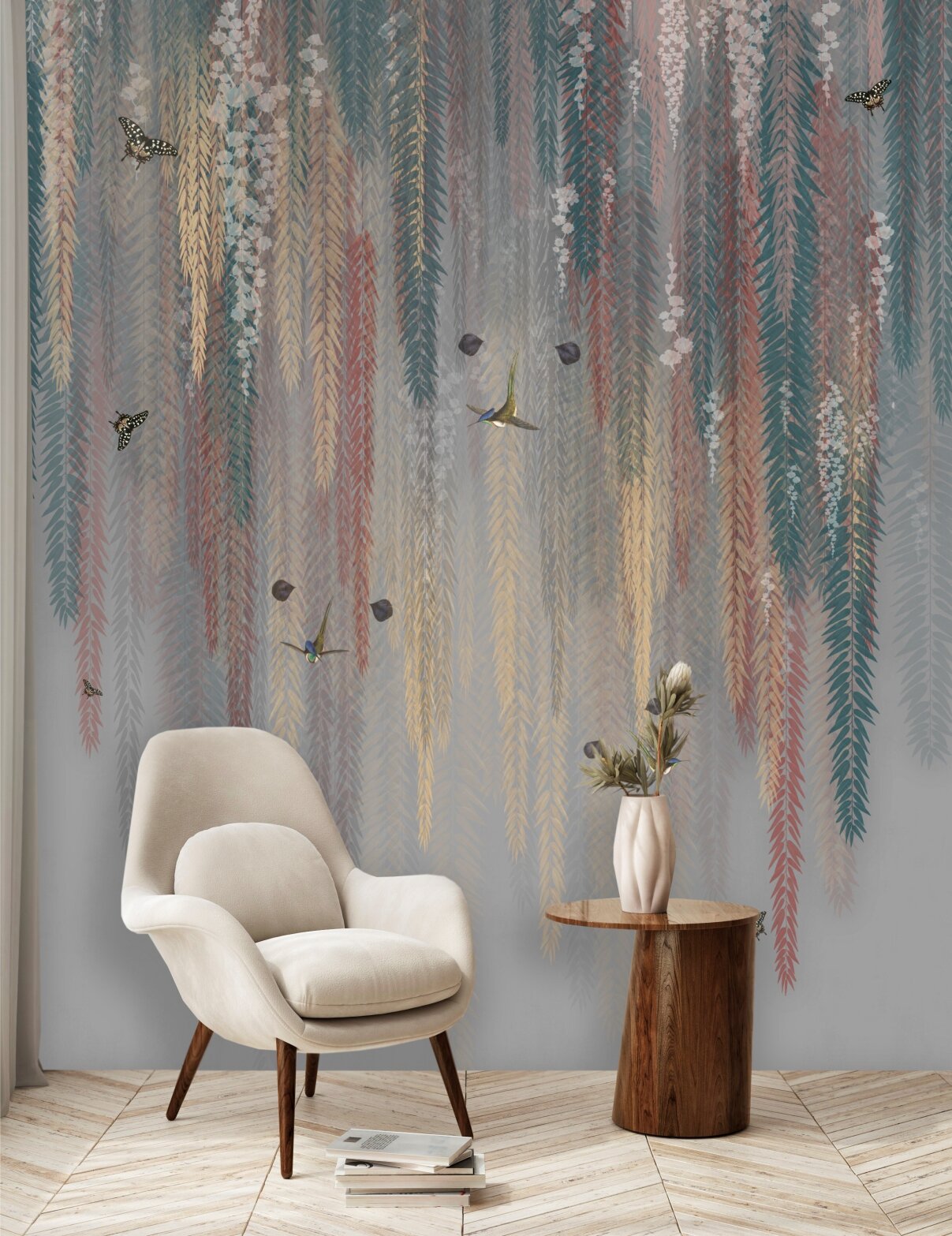 Фотообои "Разноцветные ветви, листья с птицами и бабочками" 200*260 см