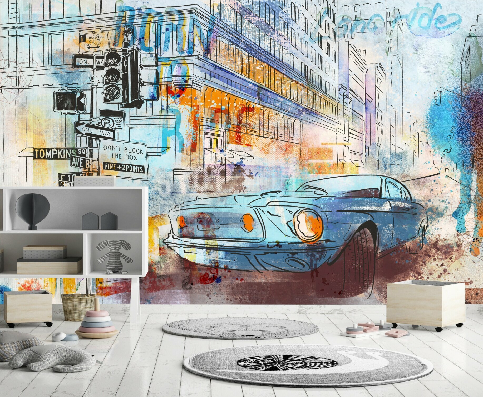 Дизайнерские Фотообои "Машина на фоне города" 400х260 см.