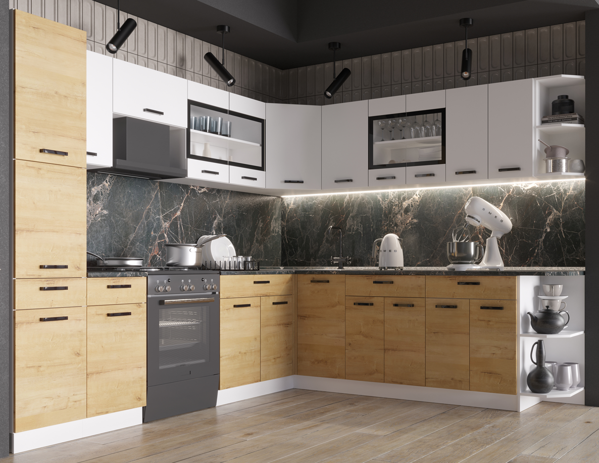 Кухонный гарнитур, кухня, готовый комплект Брауни 2,8/2,485 м Дуб Вотан/Белый гладкий