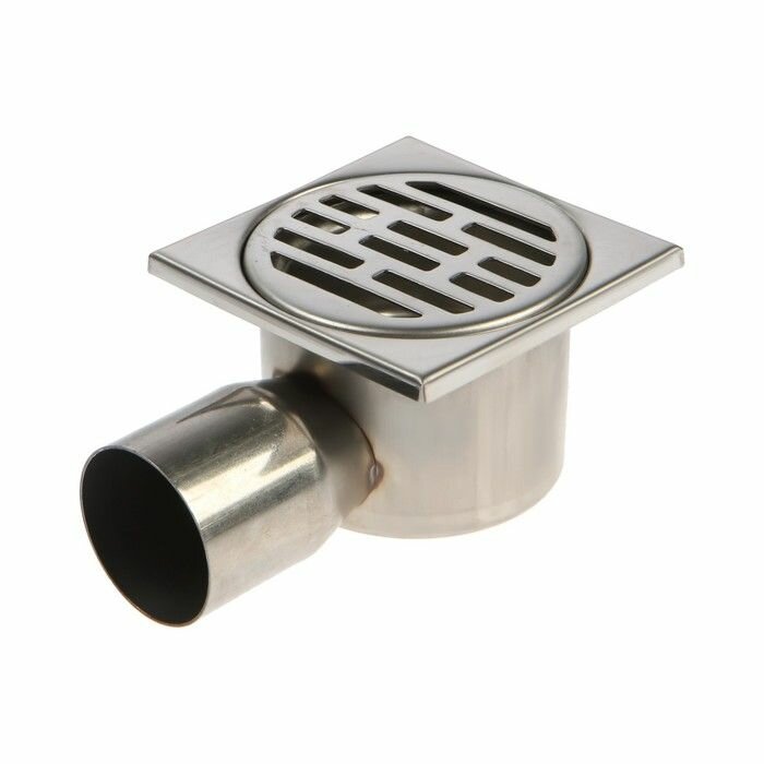 Трап ZEIN, 100х100 мм, горизонтальный, d 50 мм, угловой выпуск, нержавеющая сталь