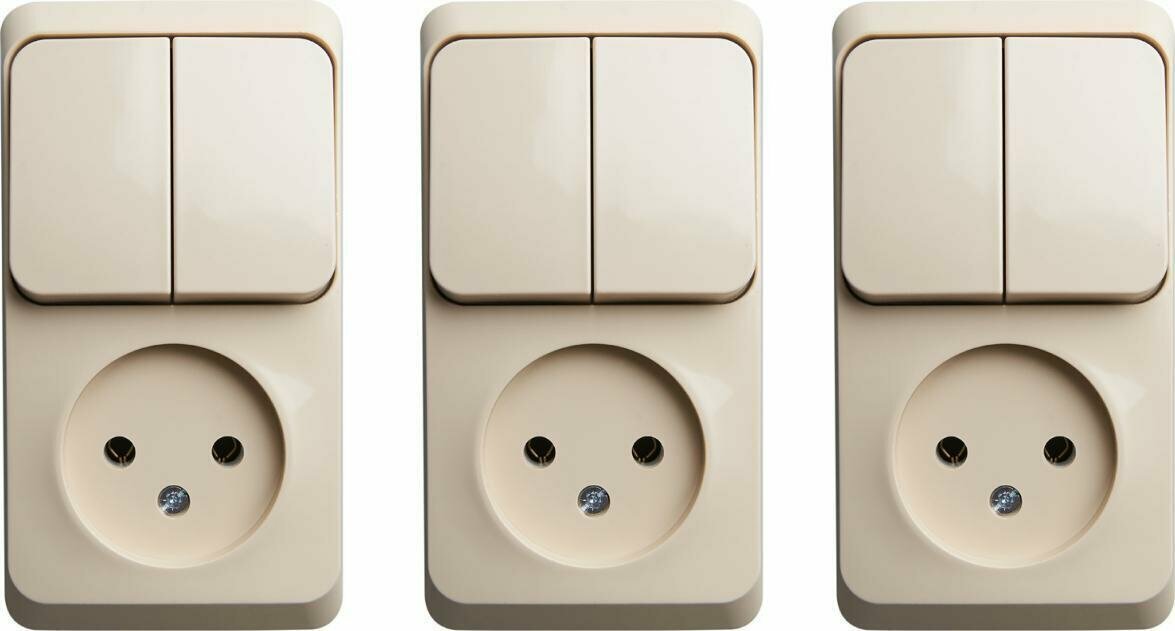 Блок Systeme Electric Этюд с двухклавишным выключателем и розеткой кремовый для открытой проводки (комплект из 3 шт)