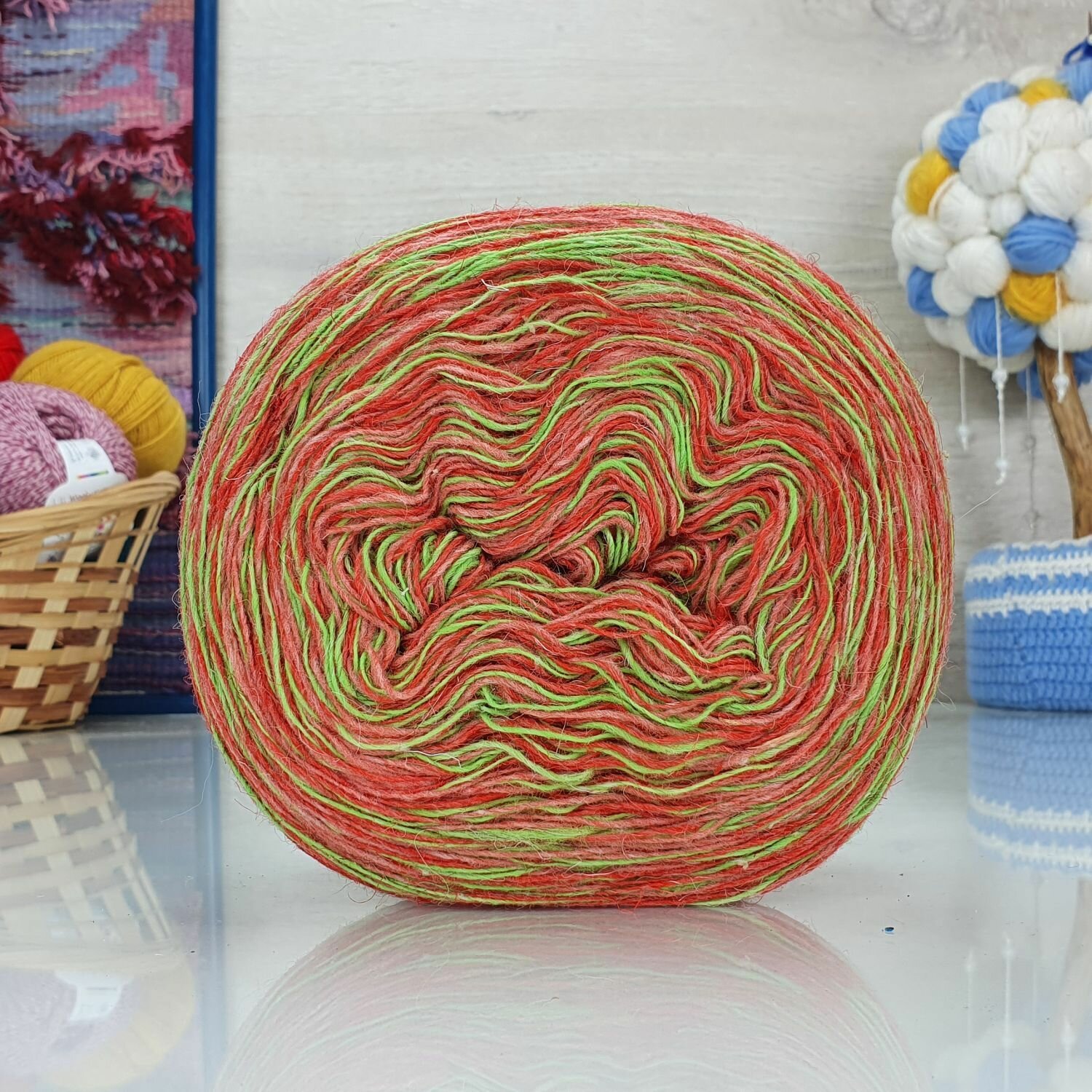 Пряжа Ангорка меланж Рассказовская, коралл/салат/брусника - 30, 95% шерсть ангорской козы, 5% акрил, 2 мотка, 250 г, 700 м.