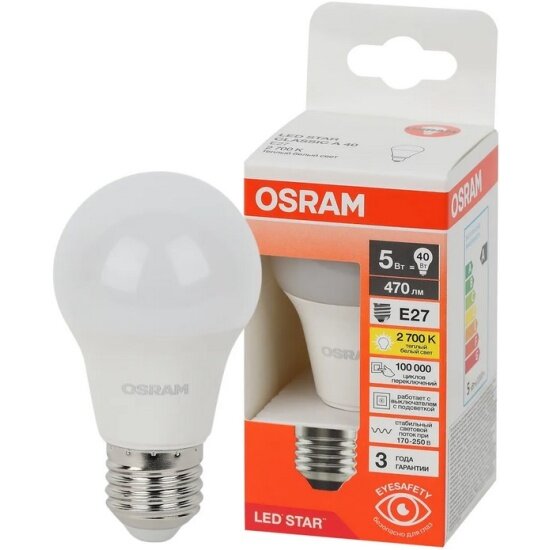 Светодиодная лампа Ledvance-osram Osram LS CLA 40 5W/827 170-250V FR E27 470lm 180° 40000h d55x100 OSRAM
