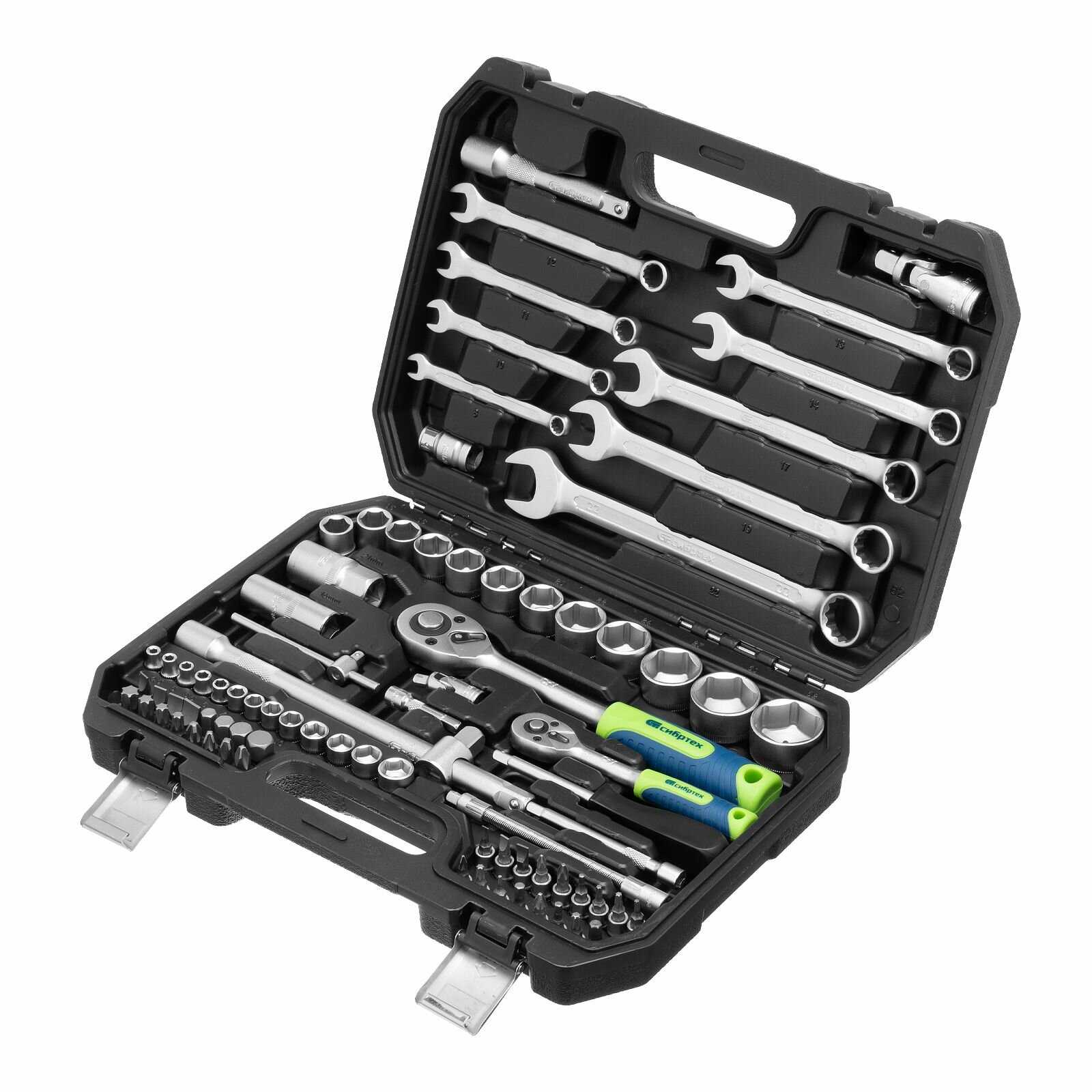 Набор инструментов СИБРТЕХ 1/2", 1/4", пластиковый кейс, 82 предмета (13391)