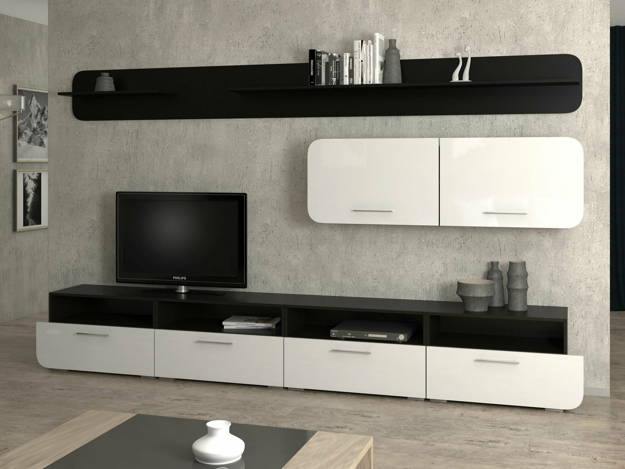 Стенка МногоМеб Брайтон 11 240х43х180 корпус черный, фасад белый глянец DM1200