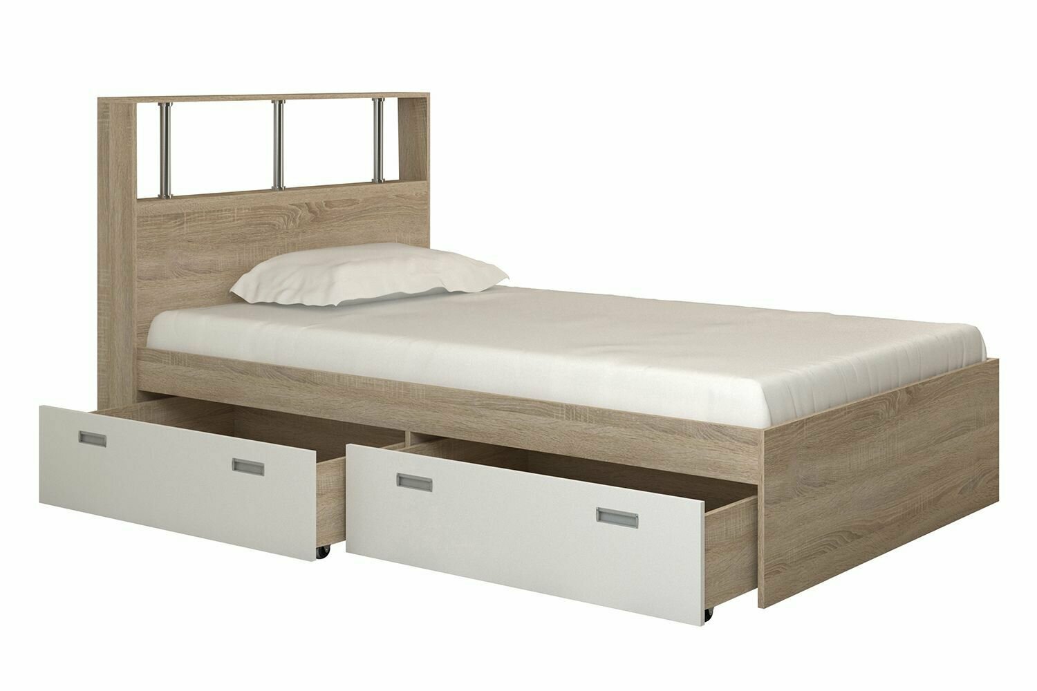 Кровать полутораспальная МногоМеб Бриз 6 120x200 с ящиками, дуб сонома/белый гладкий