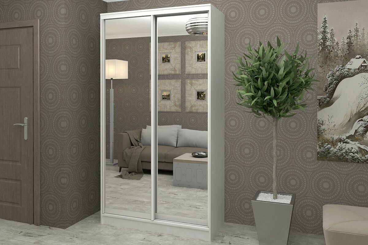 Шкаф-купе для одежды МногоМеб Версаль 120x60x220 см 2 зеркальные двери, корпус белый гладкий, бельевой отдел 4 полки, платяной полка и штанга