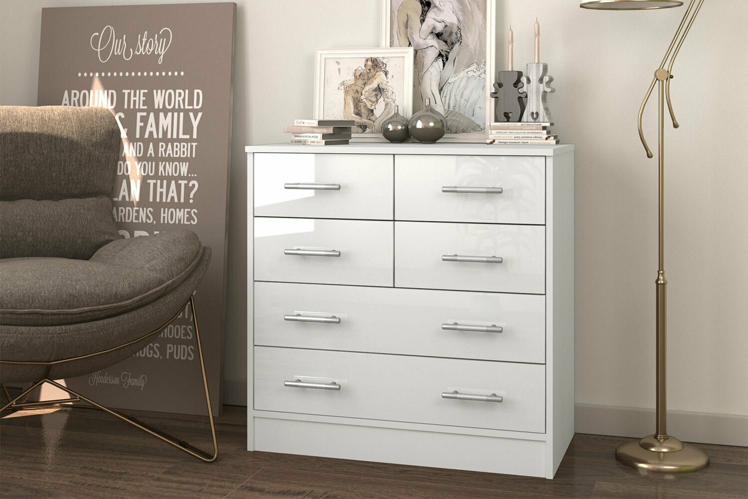 Комод Ричард 4.4 80х42х80 МДФ глянец белый DM635-6, корпус белый гладкий, 6 ящиков