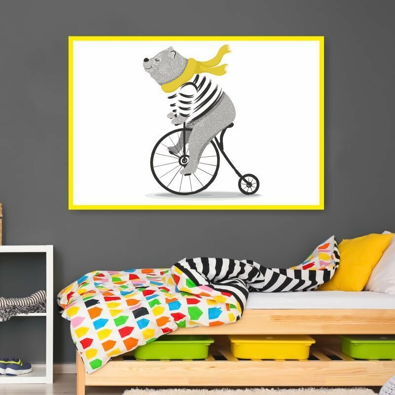 Постер для интерьера Медведь На Велосипеде на стену для детской горизонтальный 90х60 см в тубусе ПолиЦентр