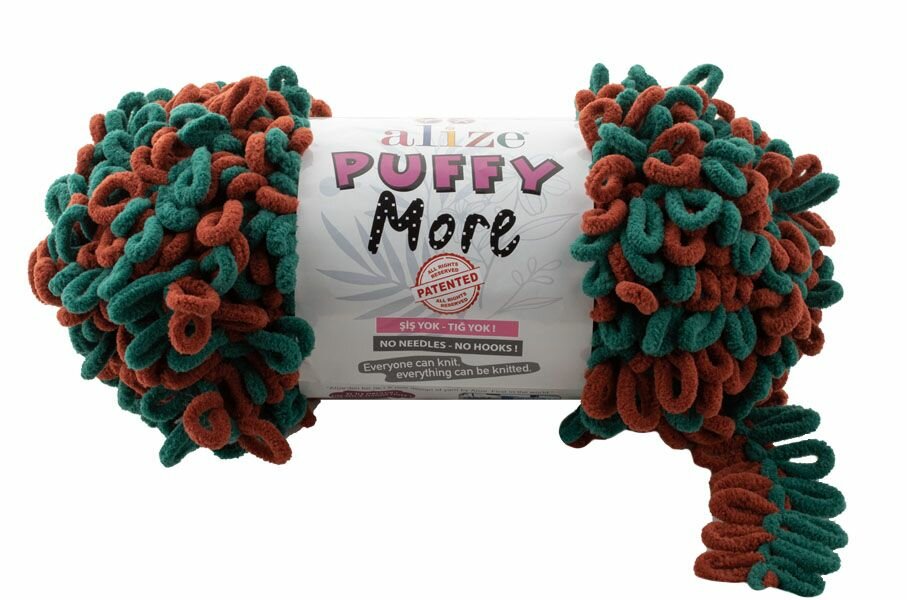 Пряжа Puffy MORE (Alize), зеленый/терракот - 6294, 100% микрополиэстер, 2 мотка, 150 г, 11,5 м.
