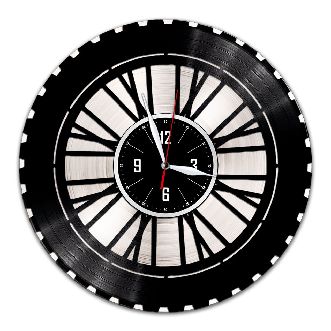 Колесо - настенные часы из виниловой пластинки (с серебряной подложкой)