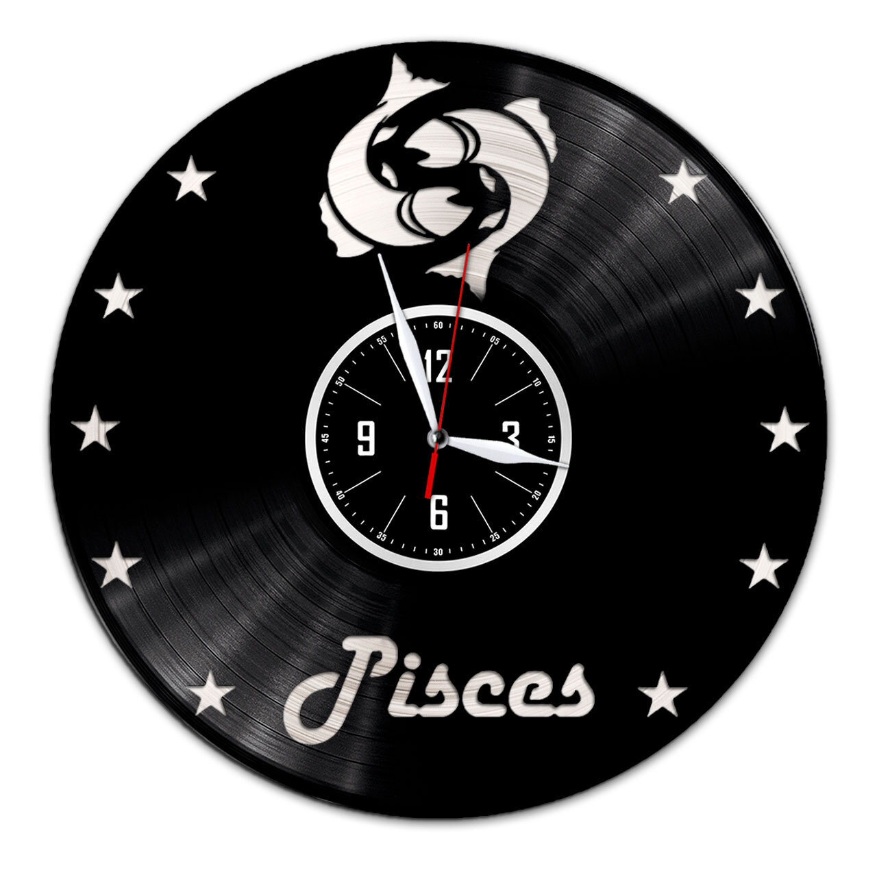 Знак зодиака "Рыбы" - настенные часы из виниловой пластинки (с серебряной подложкой)