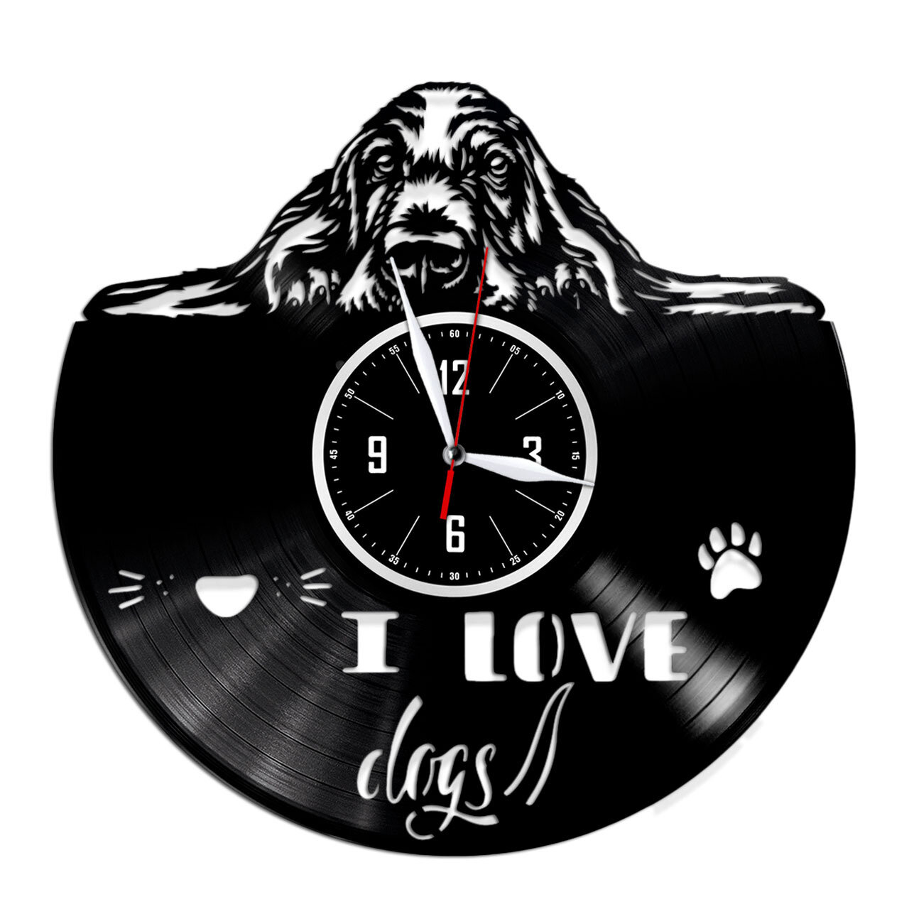 I love dogs #1 - настенные часы из виниловой пластинки, диаметр 30 см