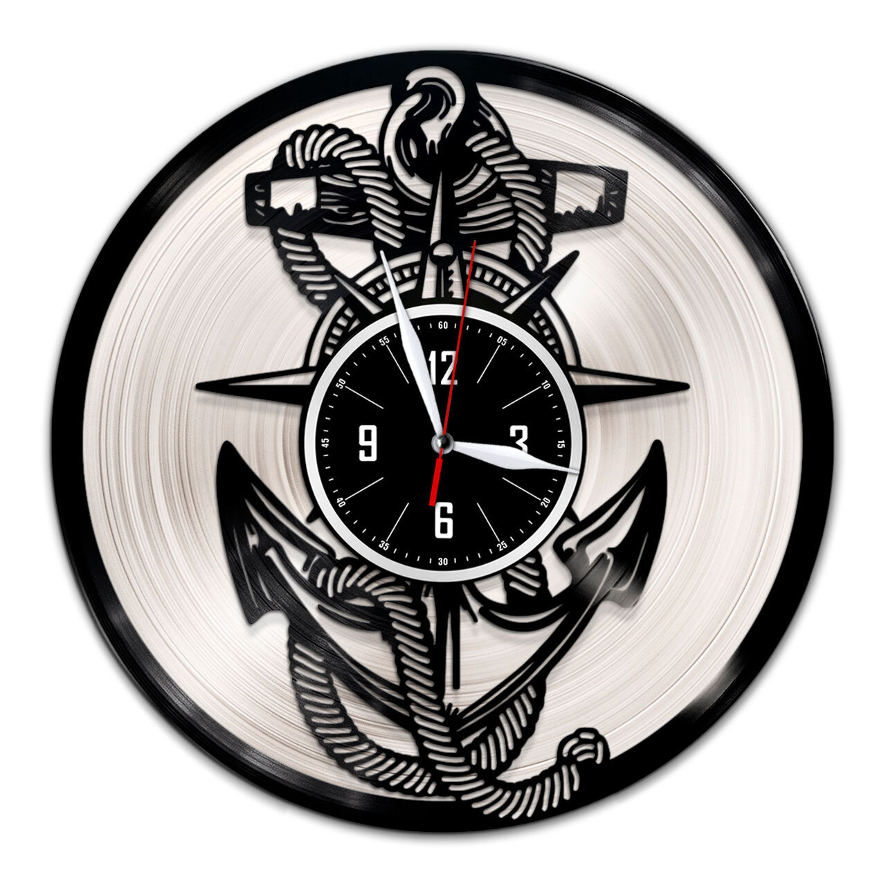 Якорь - настенные часы из виниловой пластинки (с серебряной подложкой)