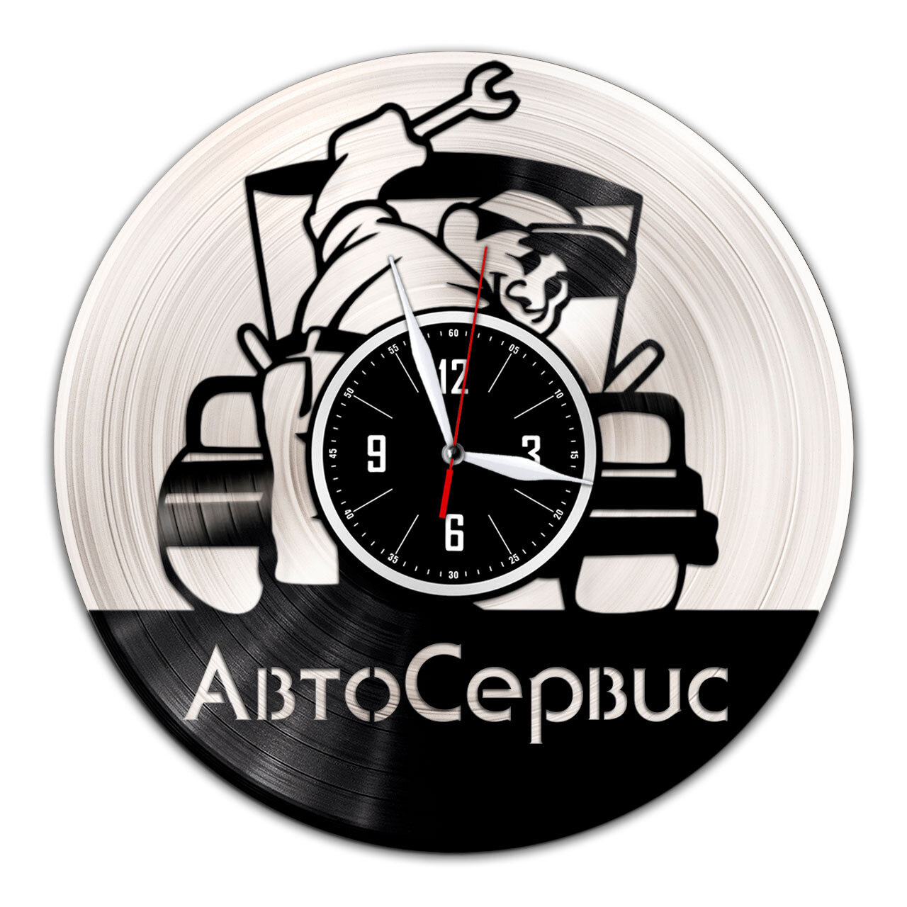 Автосервис - настенные часы из виниловой пластинки (с серебряной подложкой)