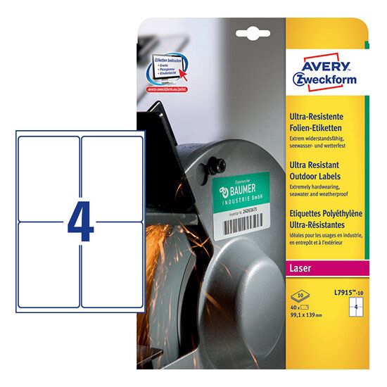 Этикетки Avery Zweckform суперстойкие пленочные, 99.1x139 мм {L7915-10} (4 шт на листе A4, 10 листов)