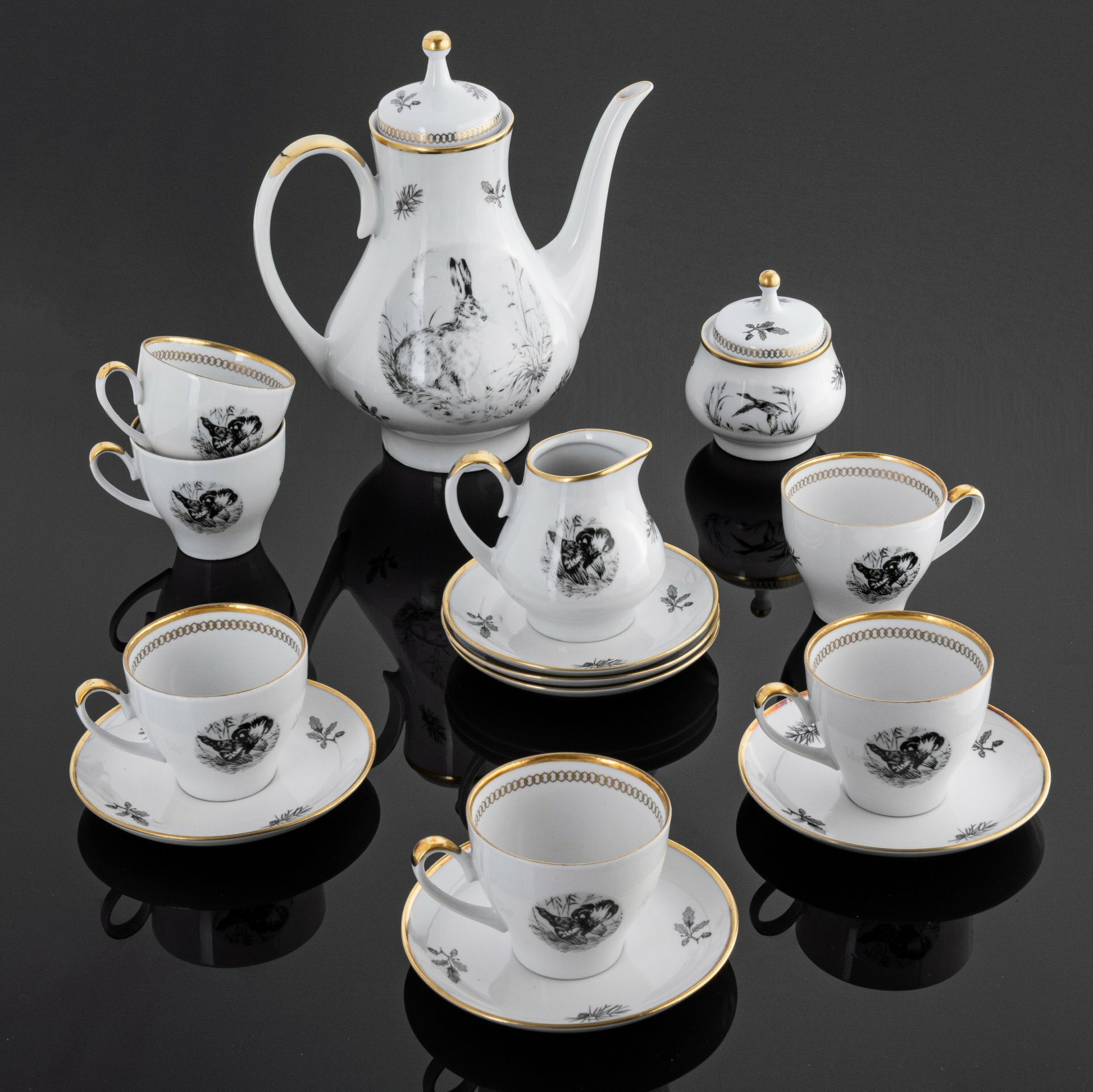 Чайный сервиз на 6 персон "Охота" (15 предметов), фарфор, деколь, золочение, Kahla