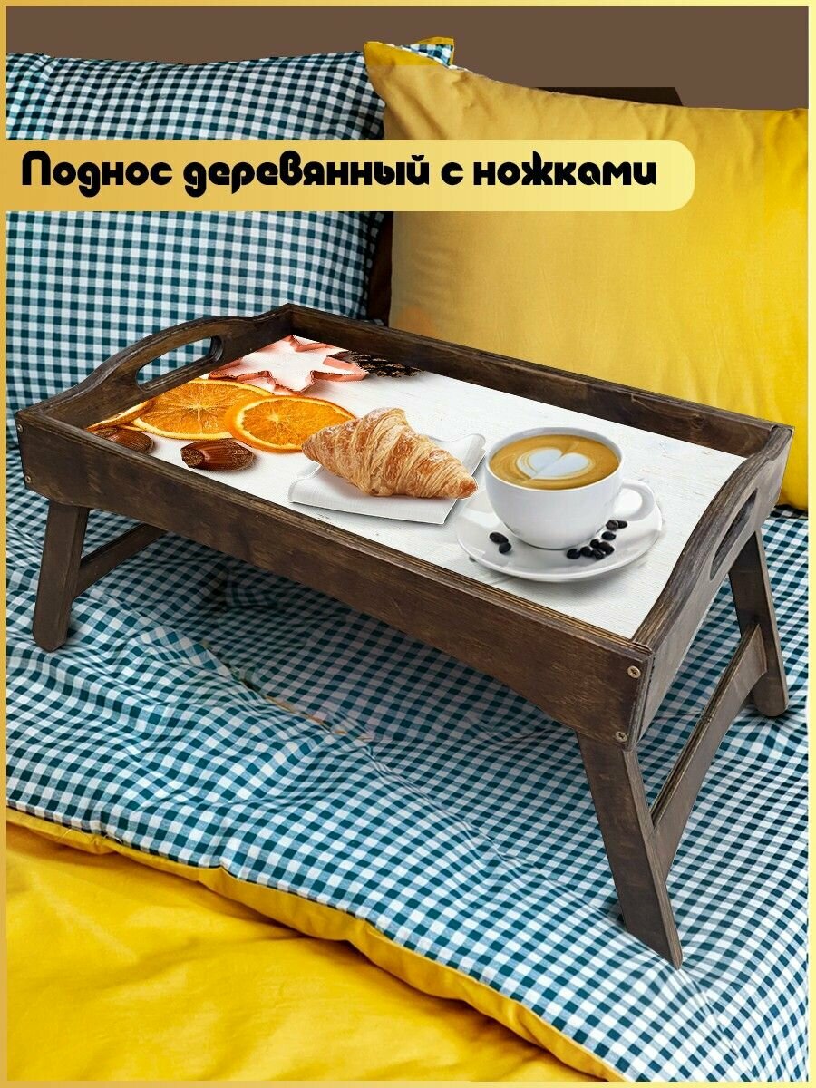 Деревянный поднос на ножках с рисунком еда - 339