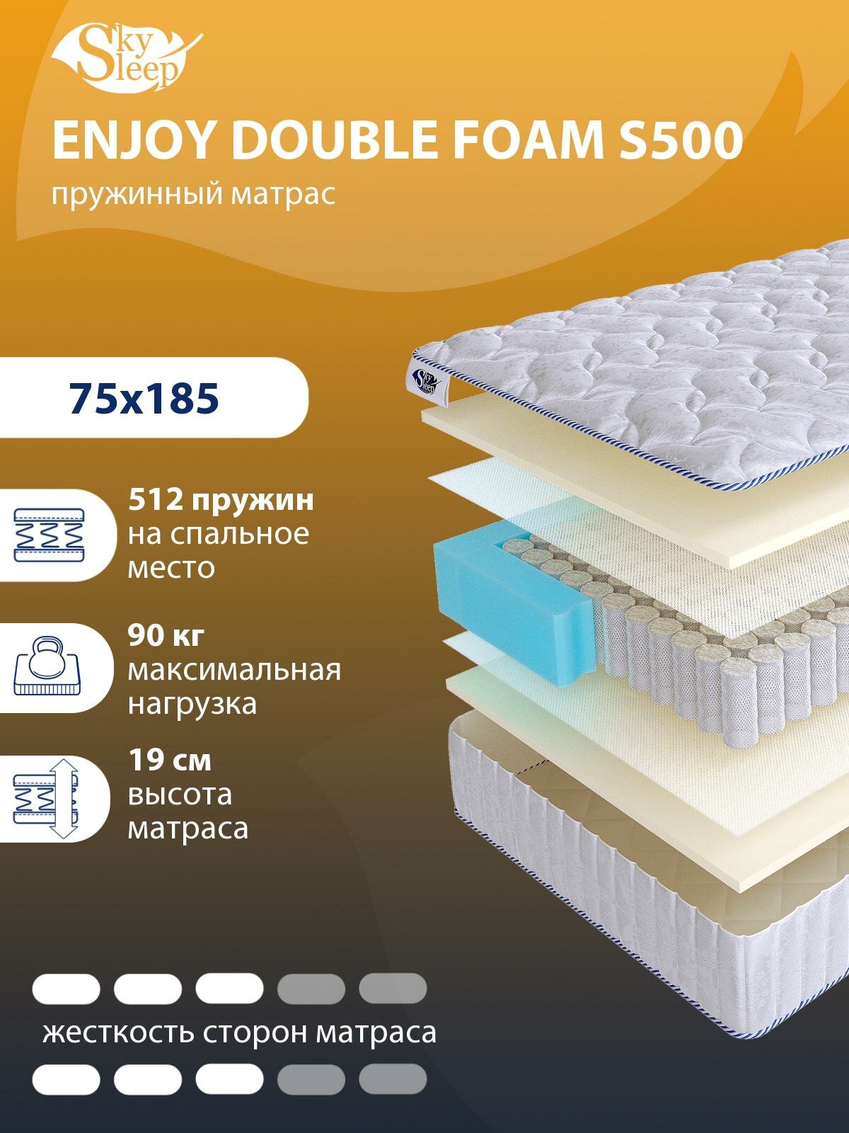 Ортопедический матрас SkySleep с независимыми пружинами ENJOY DOUBLE FOAM S500 на кровать 75x185