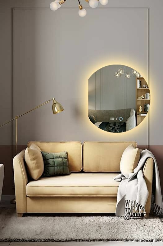 Зеркало для ванной с часами Eclipse 80*70 круглое с левым срезом с тёплой LED-подсветкой
