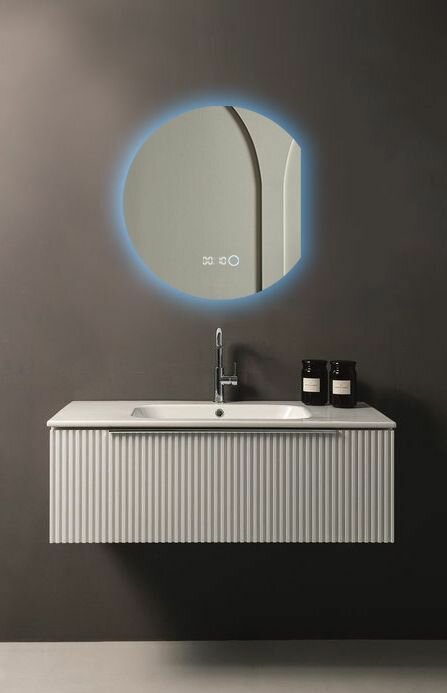 Зеркало для ванной с часами Eclipse 100*90 круглое с правым срезом с холодной LED-подсветкой