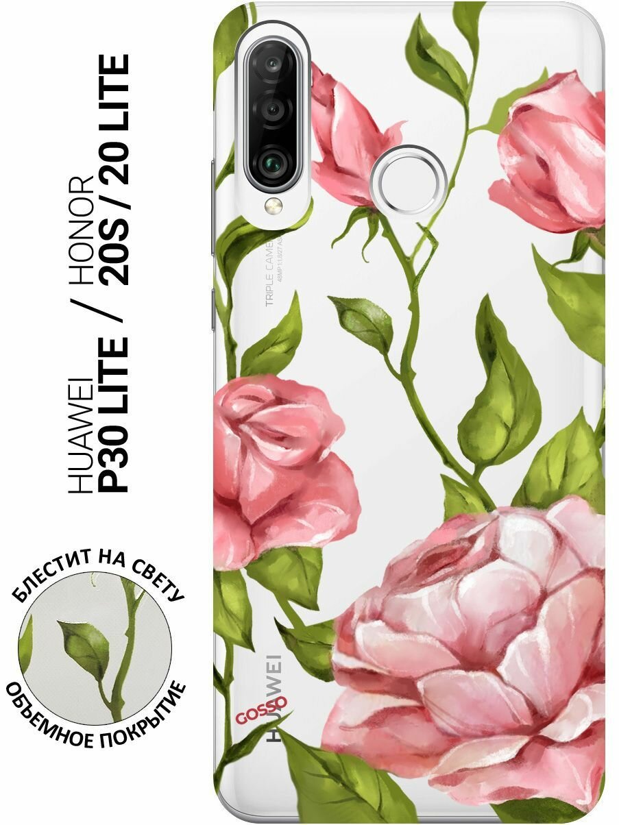 Силиконовый чехол на Honor 20 Lite, 20s, Huawei P30 Lite, Хуавей П30 Лайт, Хонор 20 Лайт, 20s с 3D принтом "Amazing Roses" прозрачный