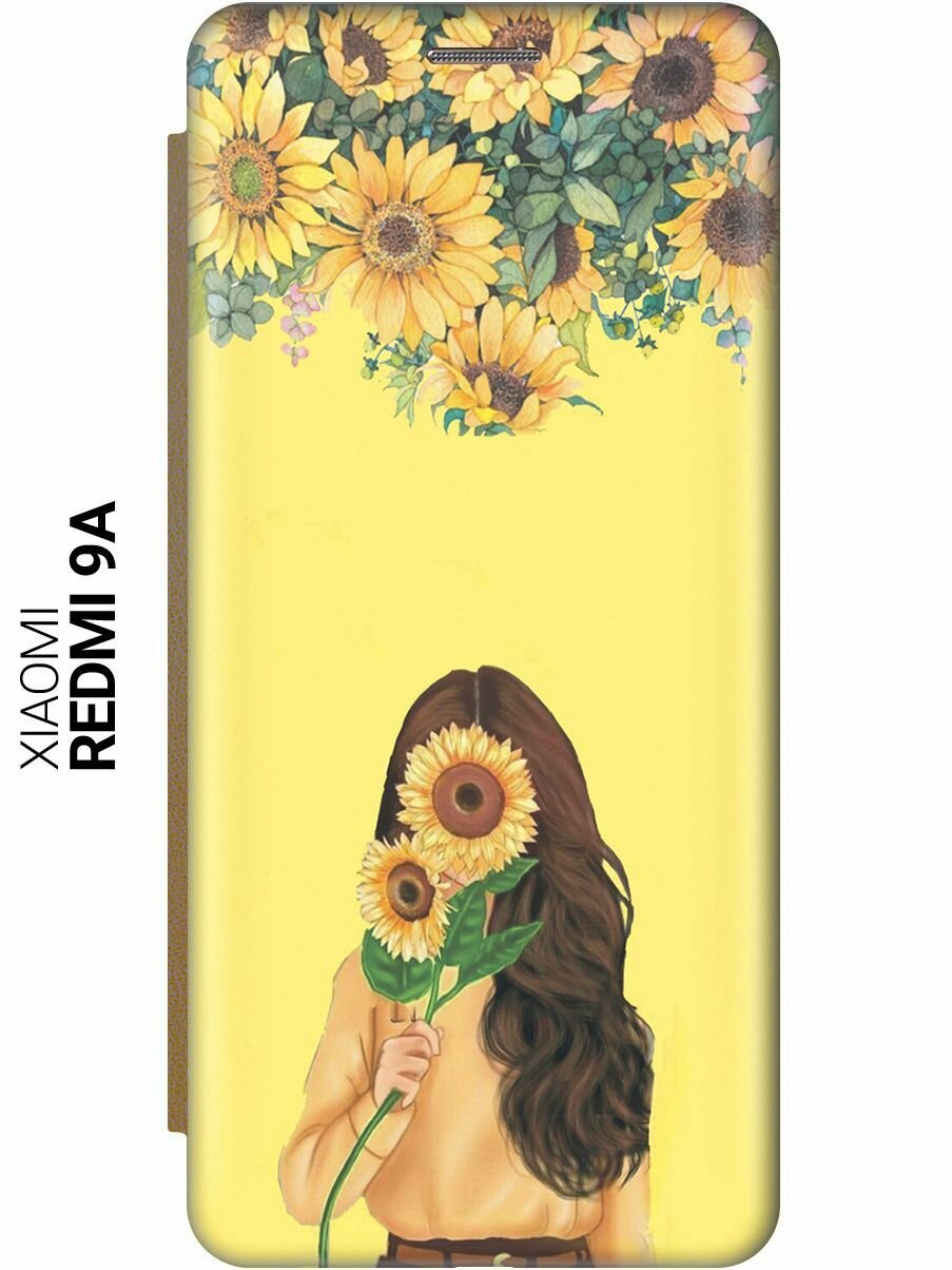 Чехол-книжка на Xiaomi Redmi 9A, Сяоми Редми 9А c принтом "Девушка и подсолнухи" золотистый