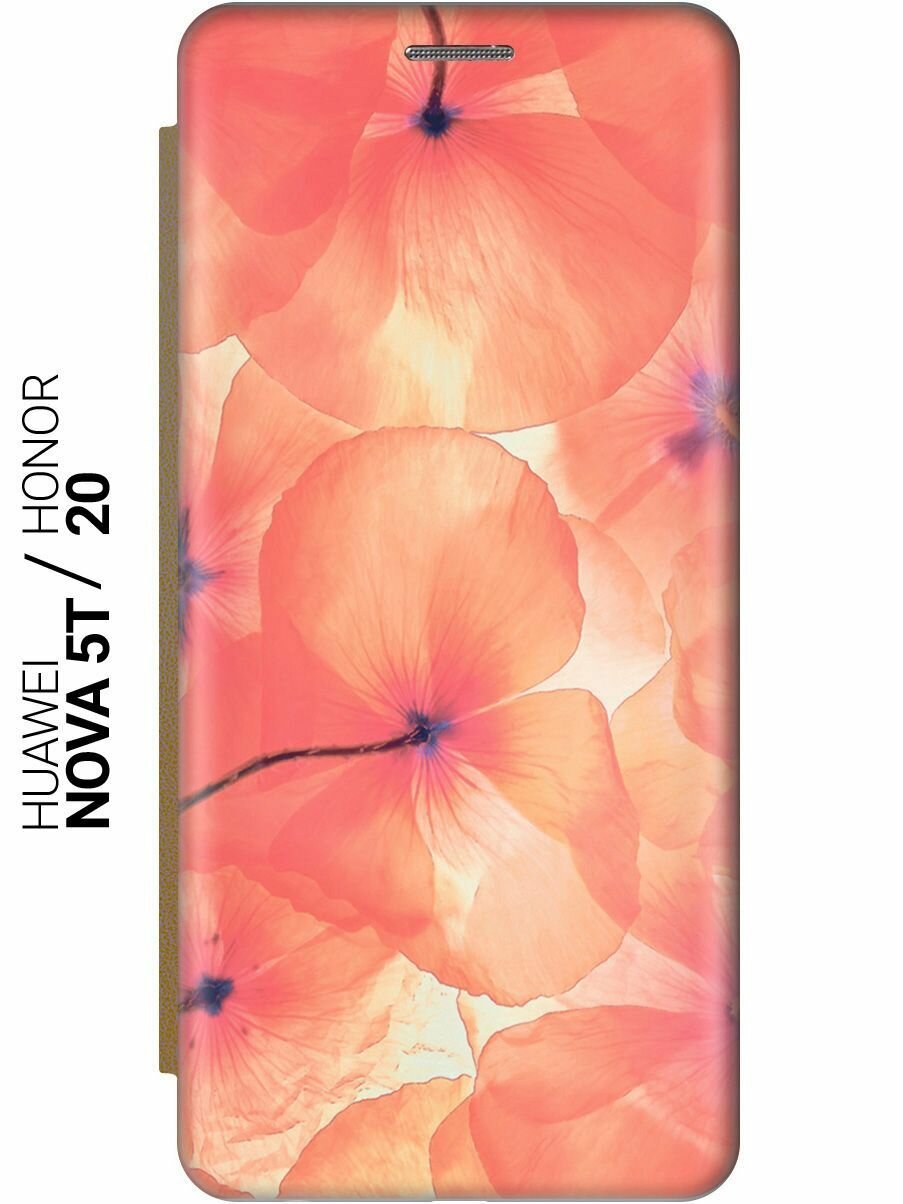 Чехол-книжка на Honor 20, Huawei Nova 5T, Хонор 20, Хуавей Нова 5Т c принтом "Солнечные цветы" золотистый