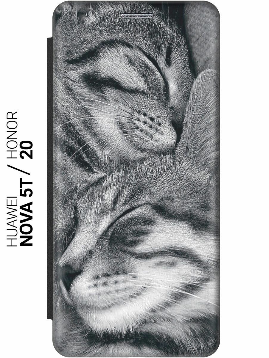 Чехол-книжка на Honor 20, Huawei Nova 5T, Хонор 20, Хуавей Нова 5Т c принтом "Милующиеся котики" черный