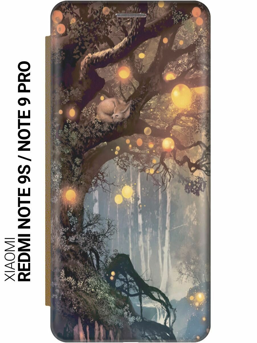 Чехол-книжка на Xiaomi Redmi Note 9s, Note 9 Pro, Сяоми Редми Ноут 9с, Ноут 9 Про c принтом "Лиса на древе" золотистый