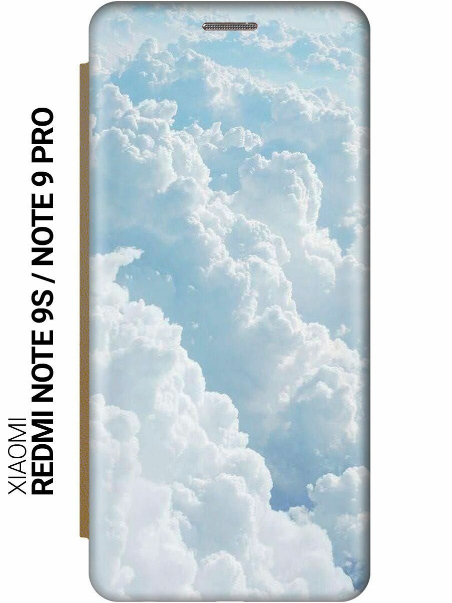 Чехол-книжка на Xiaomi Redmi Note 9s, Note 9 Pro, Сяоми Редми Ноут 9с, Ноут 9 Про c принтом "Кучевые облака" золотистый