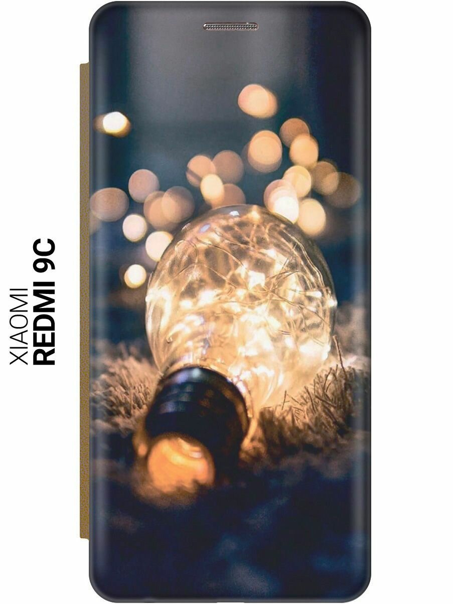 Чехол-книжка на Xiaomi Redmi 9C, Сяоми Редми 9С c принтом "Гирлянда в лампочке" золотистый