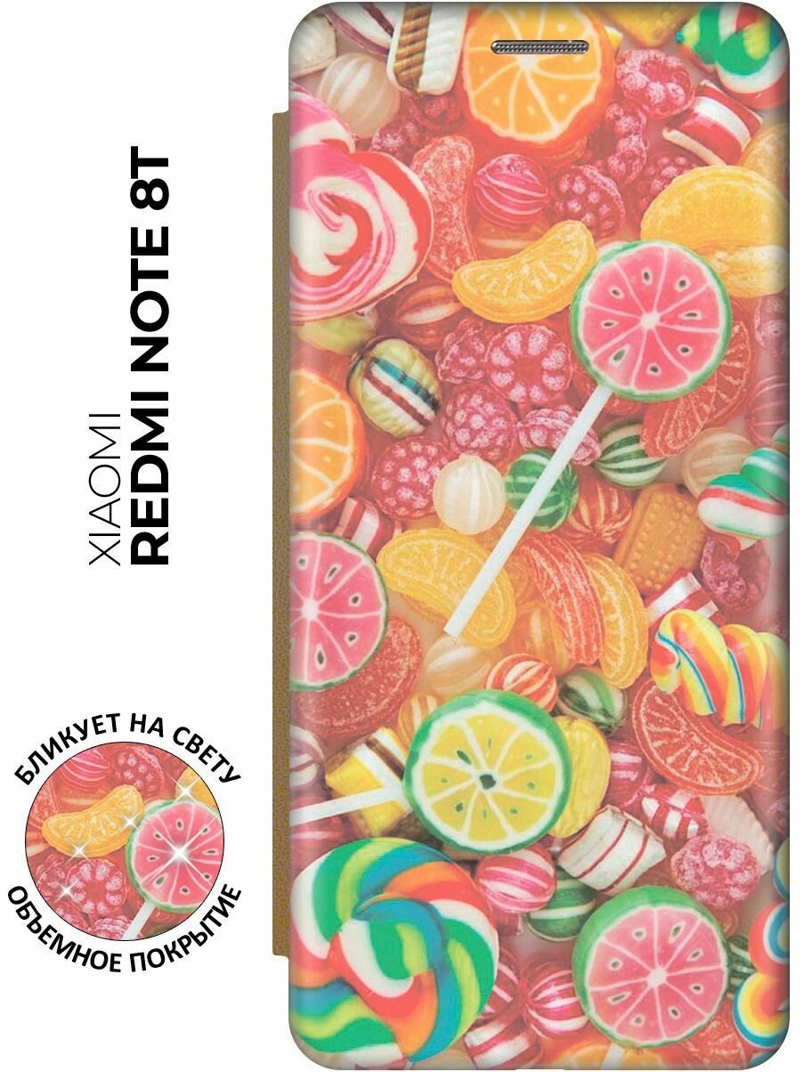 Чехол-книжка Мармеладки, леденцы на Xiaomi Redmi Note 8T / Сяоми Редми Ноут 8Т с эффектом блика золотой