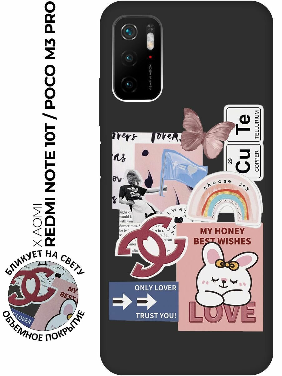 Матовый чехол Cute Stickers для Xiaomi Redmi Note 10T / Poco M3 Pro / Сяоми Поко М3 Про / Сяоми Редми Ноут 10Т с 3D эффектом черный