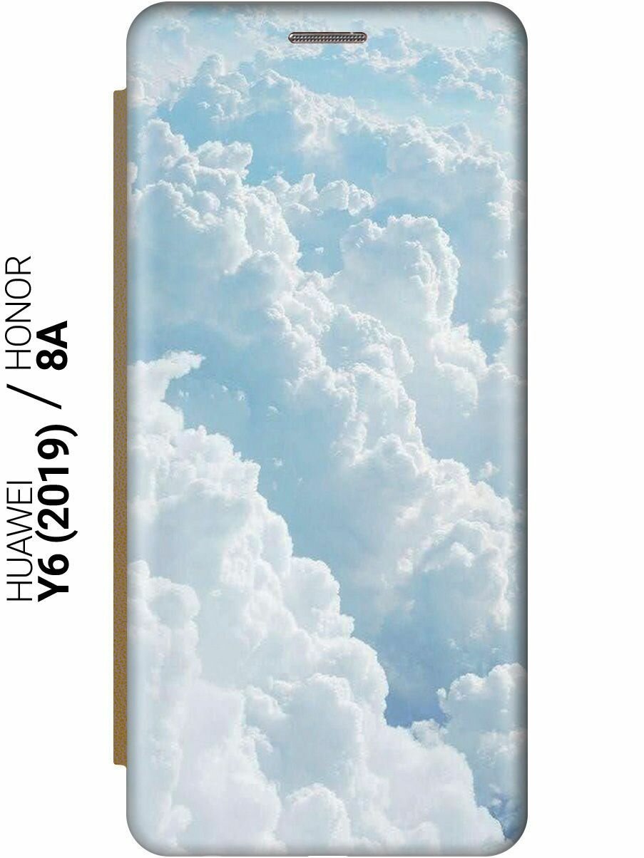 Чехол-книжка на Honor 8A, 8A Pro, Huawei Y6 (2019), Y6 Prime (2019), Хуавей Хонор 8а c принтом "Кучевые облака" золотистый