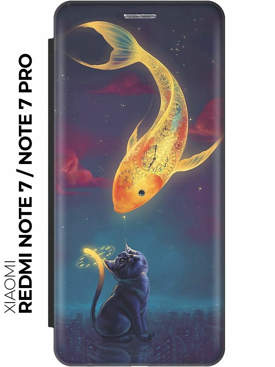 Чехол-книжка Кот и рыбка на Xiaomi Redmi Note 7 / Note 7 Pro / Сяоми Редми Ноут 7 / Ноут 7 Про черный