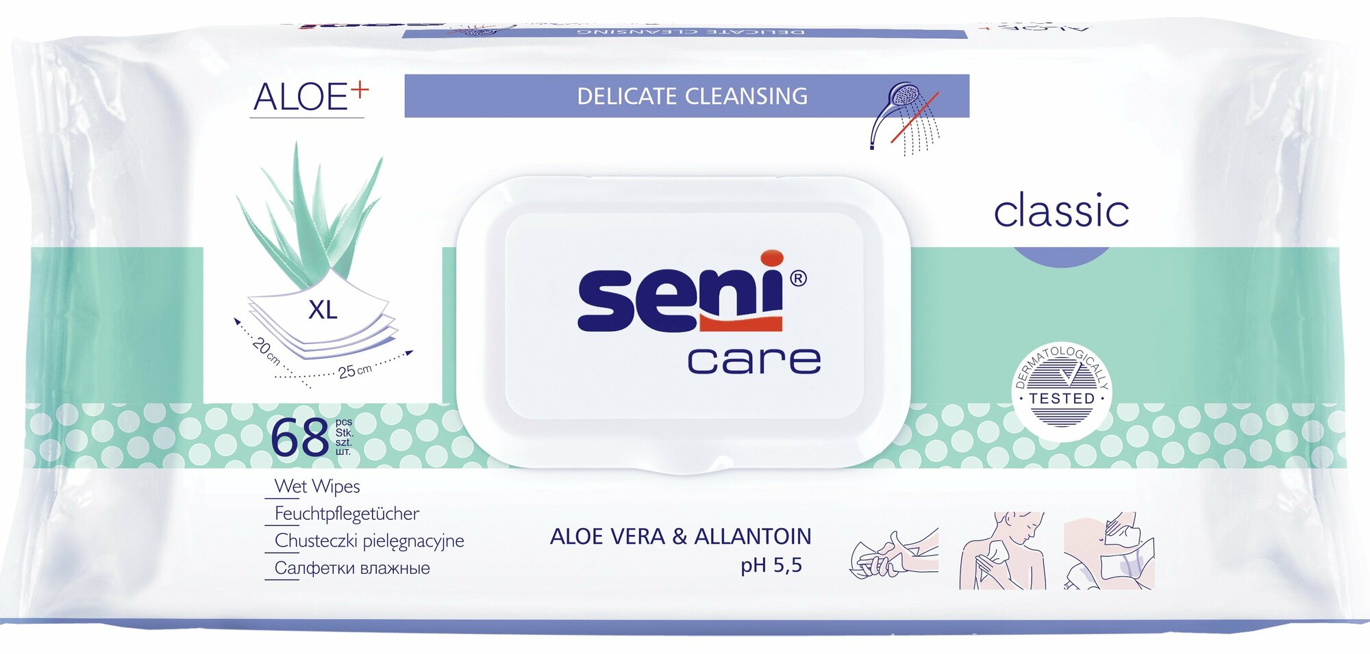 Влажные салфетки Seni Care Classic Алоэ Вера и Аллантоин, 15.84 мл, 68 шт, с крышкой