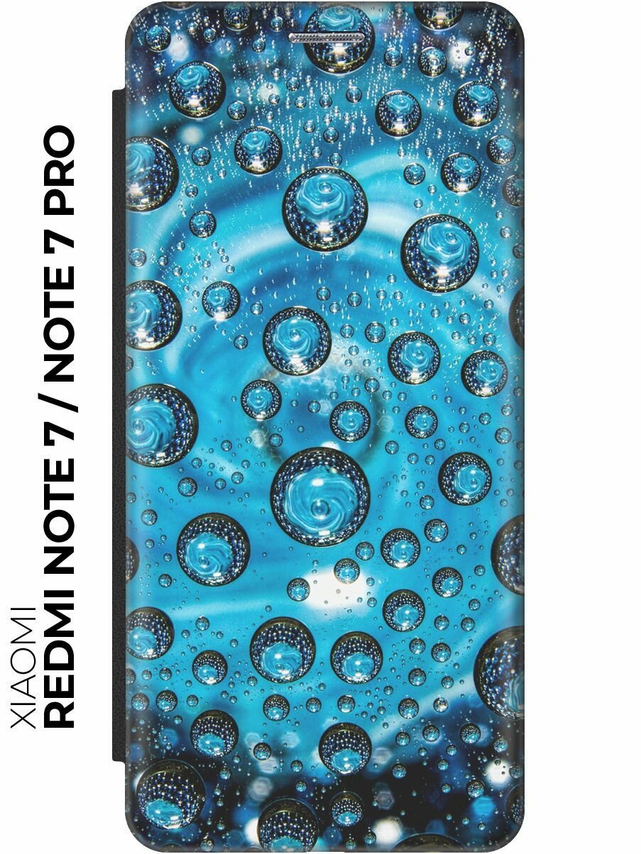 Чехол-книжка Голубые капли на Xiaomi Redmi Note 7 / Note 7 Pro / Сяоми Редми Ноут 7 / Ноут 7 Про черный