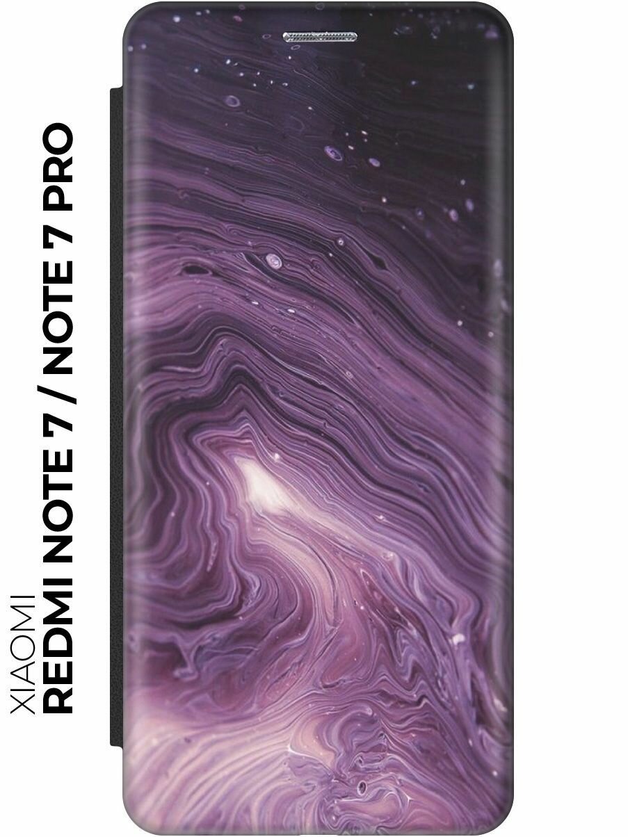 Чехол-книжка Бело-фиолетовые краски на Xiaomi Redmi Note 7 / Note 7 Pro / Сяоми Редми Ноут 7 / Ноут 7 Про черный