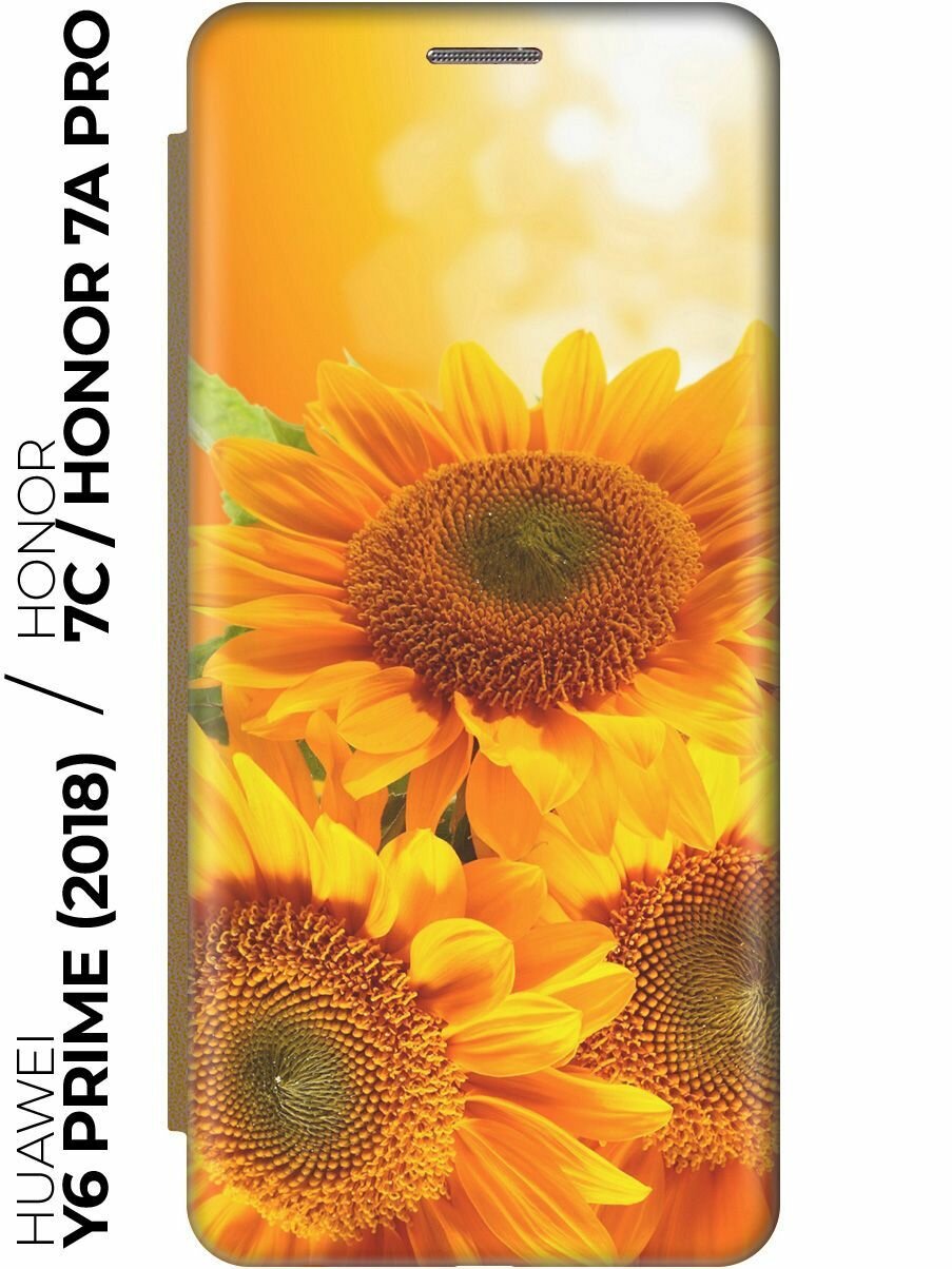 Чехол-книжка Три подсолнуха на Honor 7C / 7A Pro / Huawei Y6 Prime (2018) / Хуавей У6 Прайм 2018 / Хонор 7А Про / 7С золотой