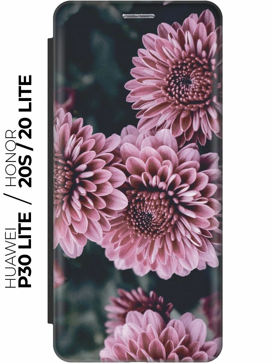 Чехол-книжка Нежные розовые астры на Honor 20 Lite / 20s / Huawei P30 Lite / Хуавей П30 Лайт / Хонор 20 Лайт / 20s черный