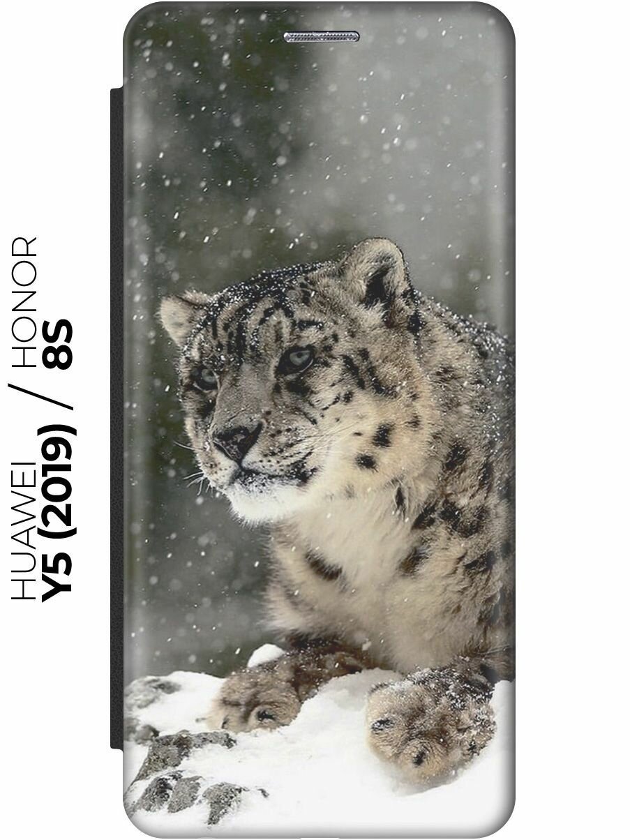 Чехол-книжка Барс и падающий снег на Honor 8S / Huawei Y5 (2019) / Хуавей У5 2019 / Хонор 8с черный