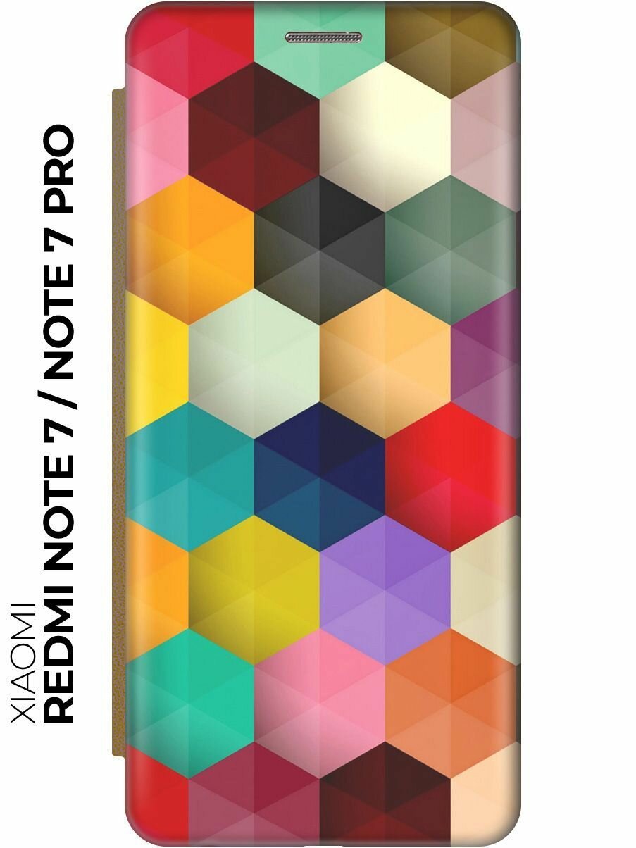 Чехол-книжка Разноцветный паттерн на Xiaomi Redmi Note 7 / Note 7 Pro / Сяоми Редми Ноут 7 / Ноут 7 Про золотой