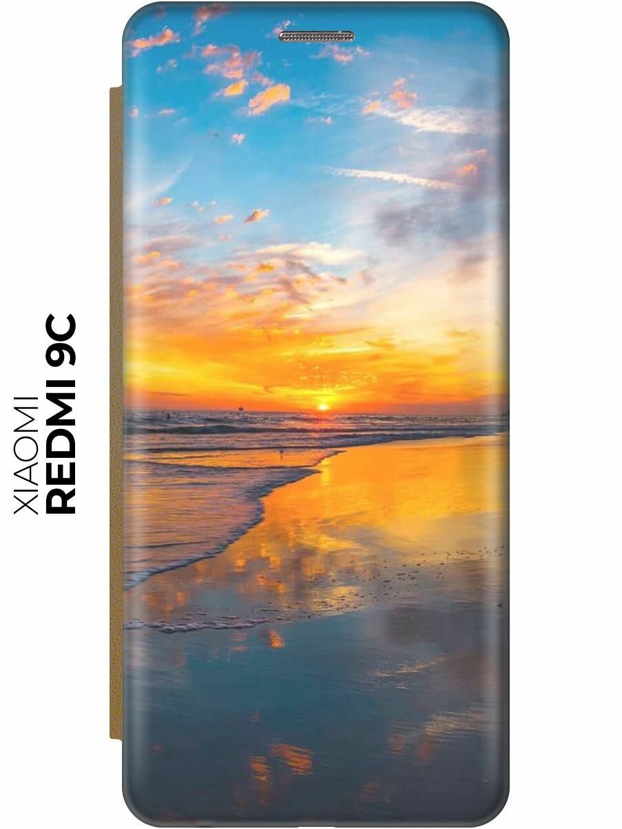 Чехол-книжка Закат на пляже на Xiaomi Redmi 10A / 9C / Сяоми Редми 10А / 9С золотой