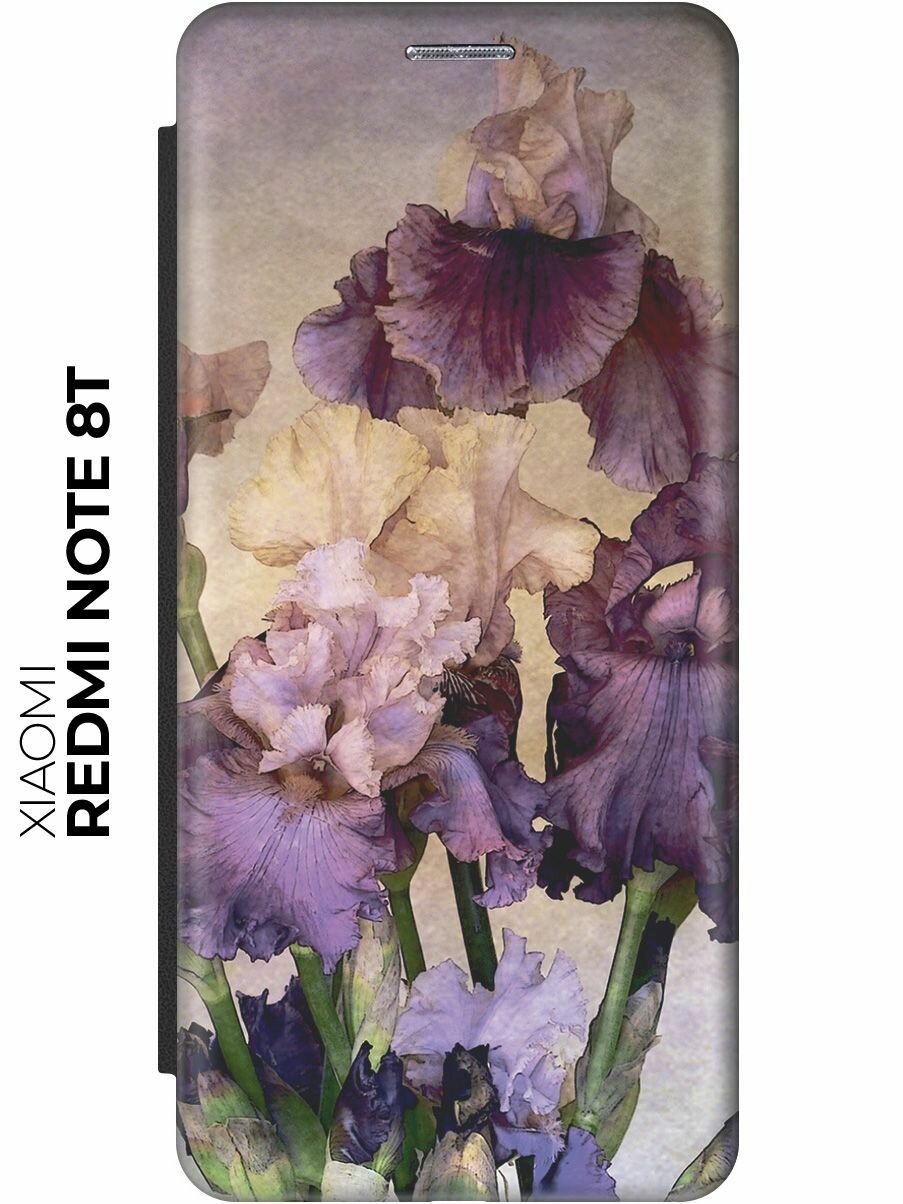 Чехол-книжка Фиолетовые цветы на Xiaomi Redmi Note 8T / Сяоми Редми Ноут 8Т черный