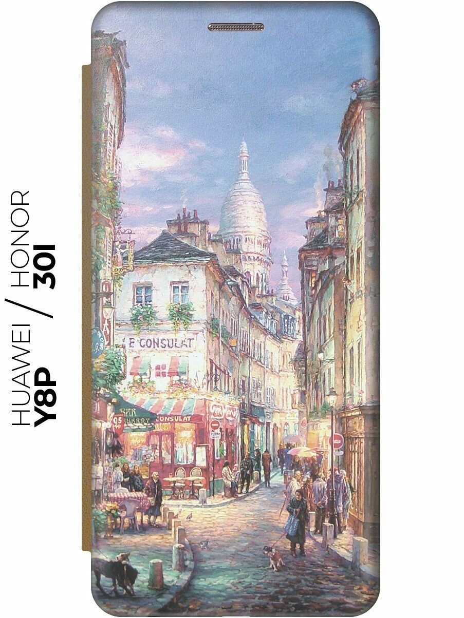 Чехол-книжка Пейзаж Монмартра на Honor 30i / Huawei Y8P / Хуавей У8Р / Хонор 30ай золотой