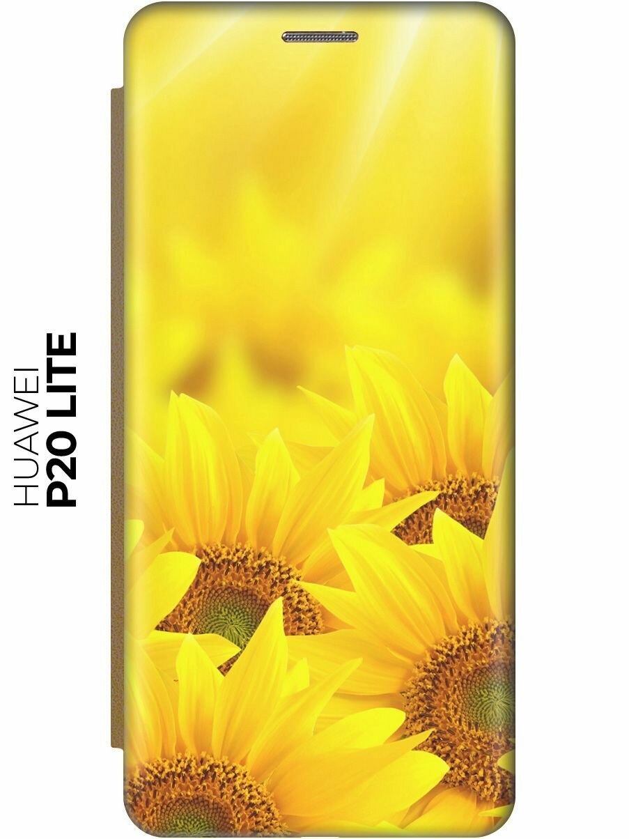 Чехол-книжка Подсолнухи на Huawei P20 Lite / Nova 3e / Хуавей П20 Лайт / Нова 3Е золотой
