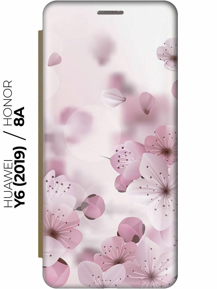 Чехол-книжка Бело-розовые цветочки на Honor 8A / 8A Pro / Huawei Y6 (2019) / Y6 Prime (2019) / Хонор 8а / 8а Про / Хуавей У6 Прайм 2019 золотой